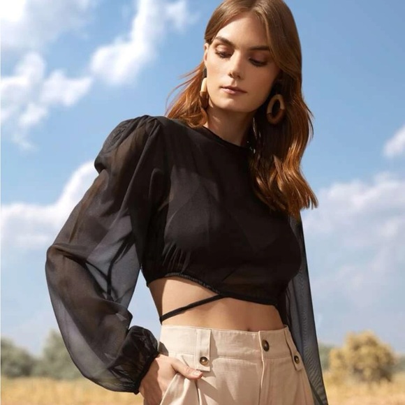 Tops | Lantern Sleeve Tie Back Crop Top Without Bra | Poshmark